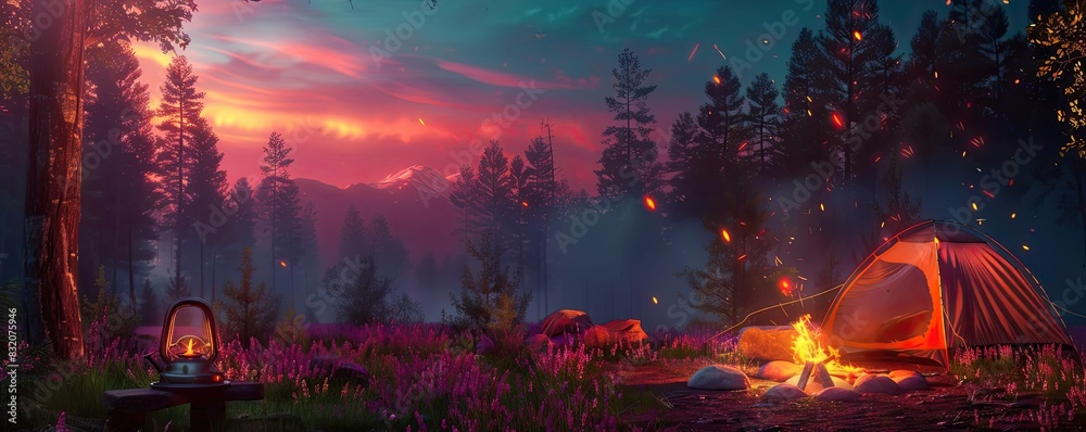 Scenic evening camp setup with a glowing tent and campfire in a ...