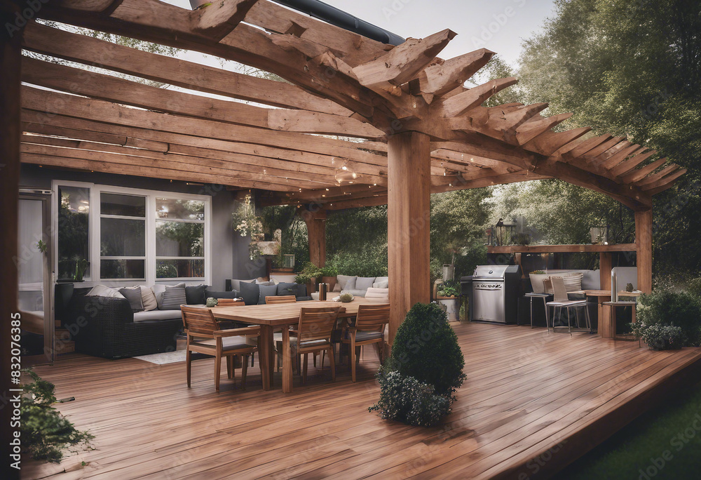 Back yard house exterior with spacious wooden deck with patio area and ...