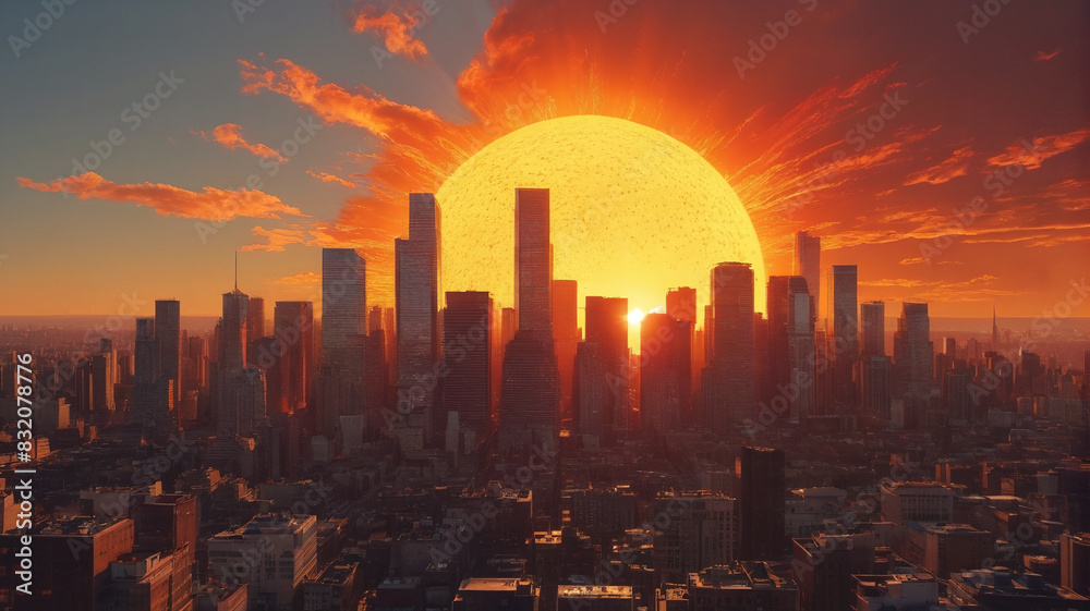 Mural depicting a blazing sun looming over a city skyline, casting ...