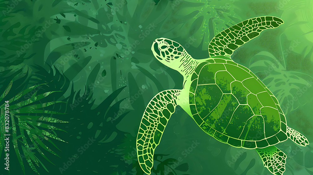 Green turtle on a green background with a pattern of leaves. The turtle ...