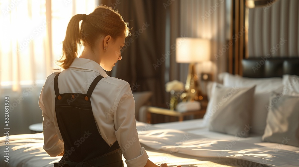Woman in housekeeping uniform making the bed in a contemporary hotel ...