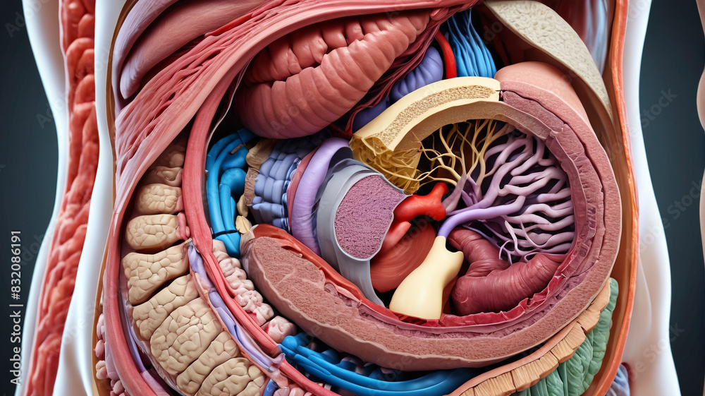 Detailed view of human digestive system anatomy, showcasing the organs ...
