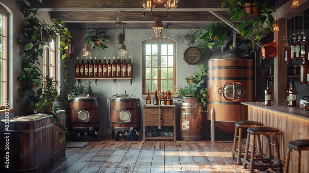 The photo shows the interior of a cozy home bar with wooden walls and ...