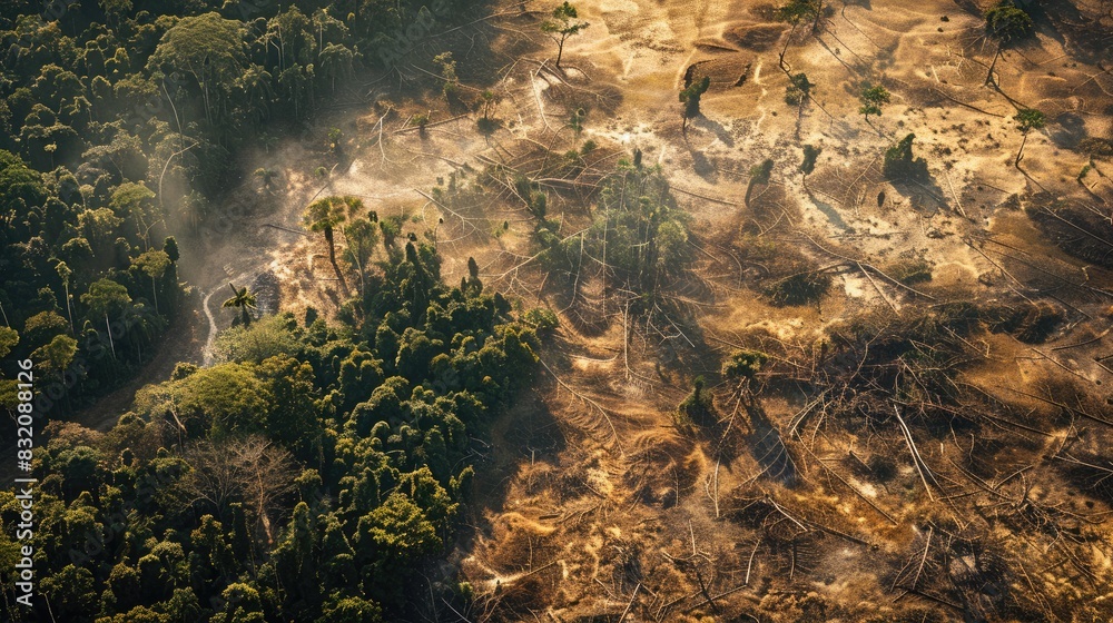 Aerial view of deforestation in a tropical rainforest with patches of ...
