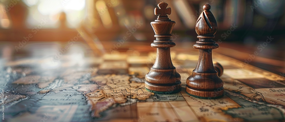 Two chess pieces on a world map, representing geopolitical strategy ...