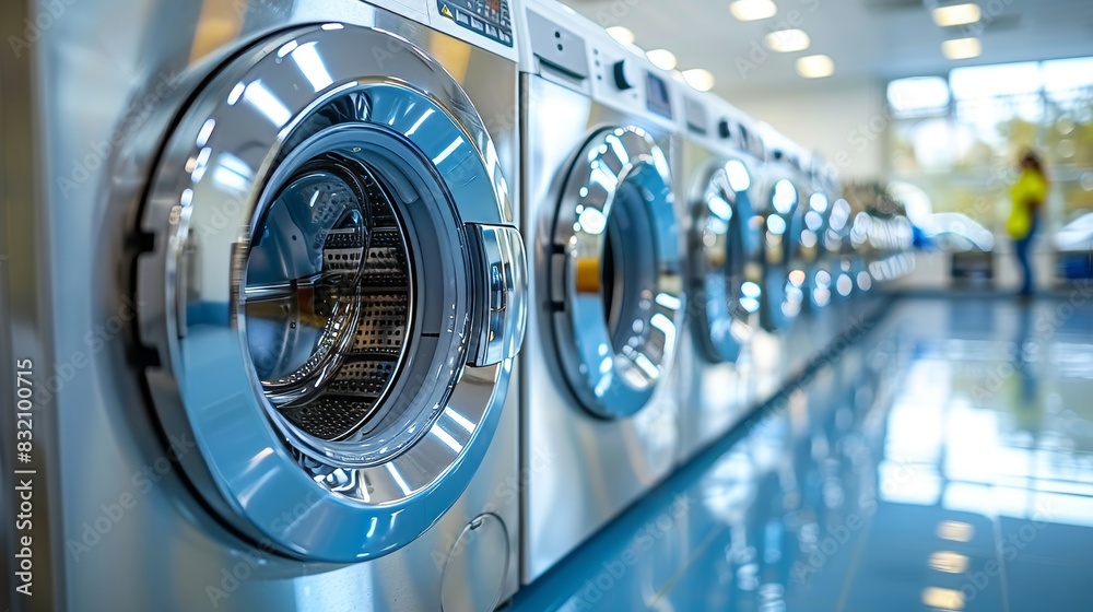 Wet cleaning machines with clothes inside them are used in a modern, hi ...