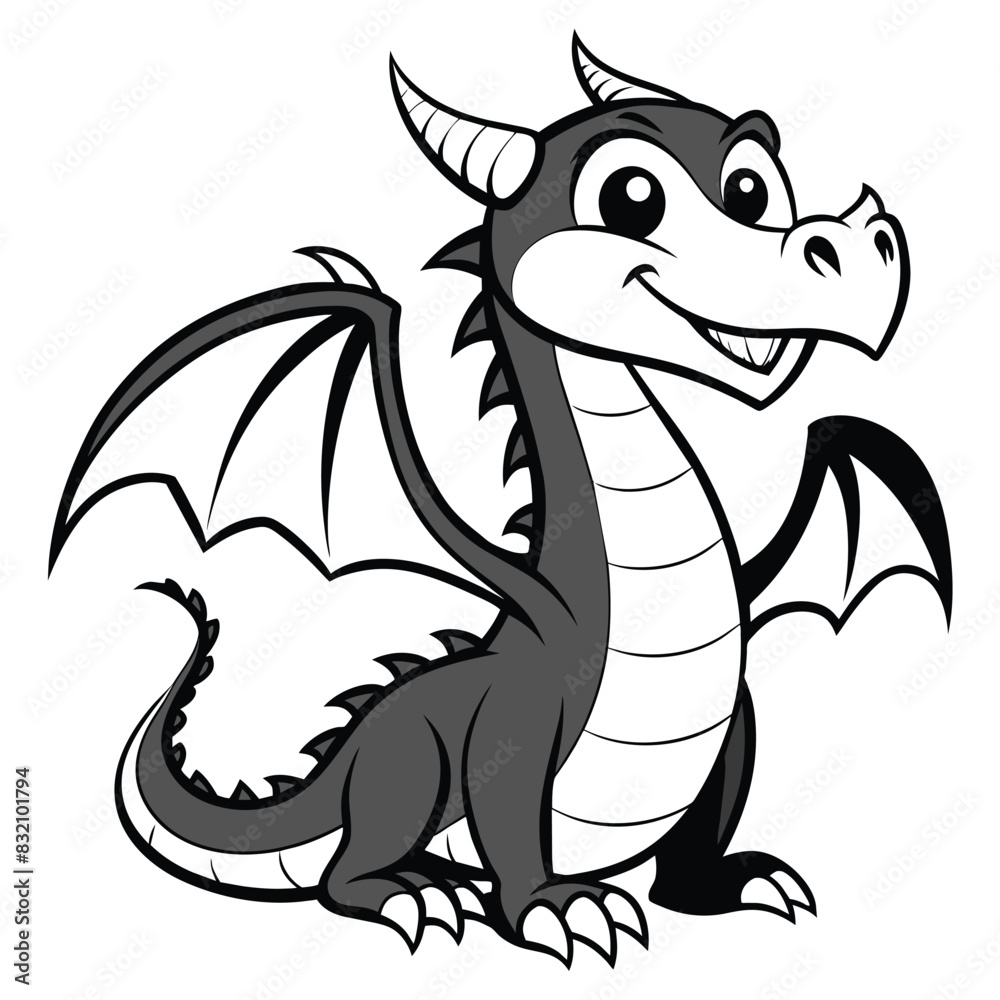 Solid black outline Cartoon dragon outlines for coloring vector Stock ...