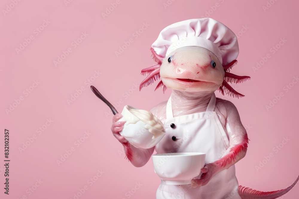 An axolotl in a chefs outfit with a hat and apron, holding a mixing ...