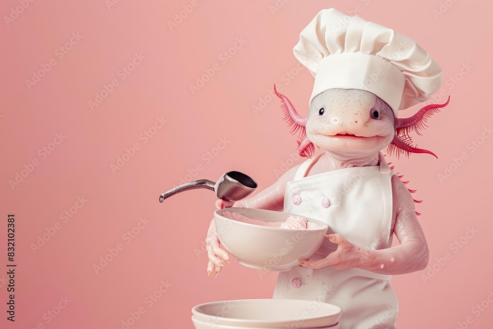 An axolotl in a chefs outfit with a hat and apron, holding a mixing ...