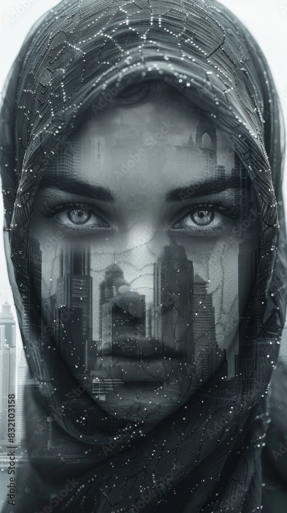 double exposure photography. arabic face in abaya shaped by buildings ...