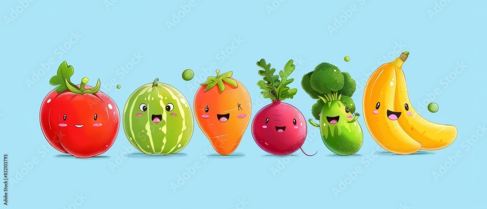 Cartoon character of food with smiling fruits and veggies, perfect for ...
