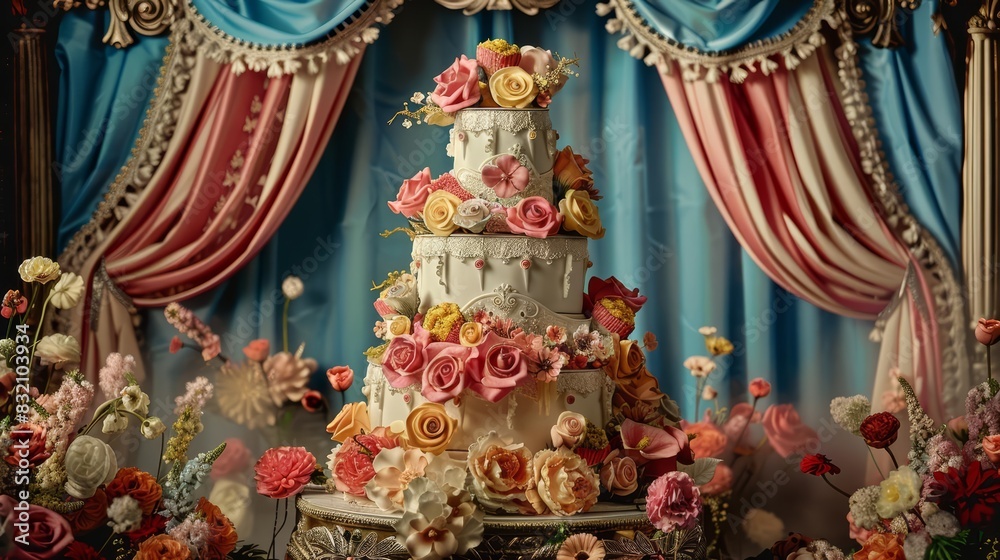 Circus stage podium background showcasing an elaborate, multitiered wedding cake, decorated with ...