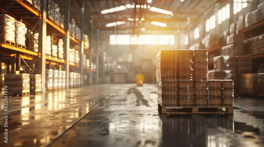 Warehouse scene with focused pallets of goods and a blurred background ...