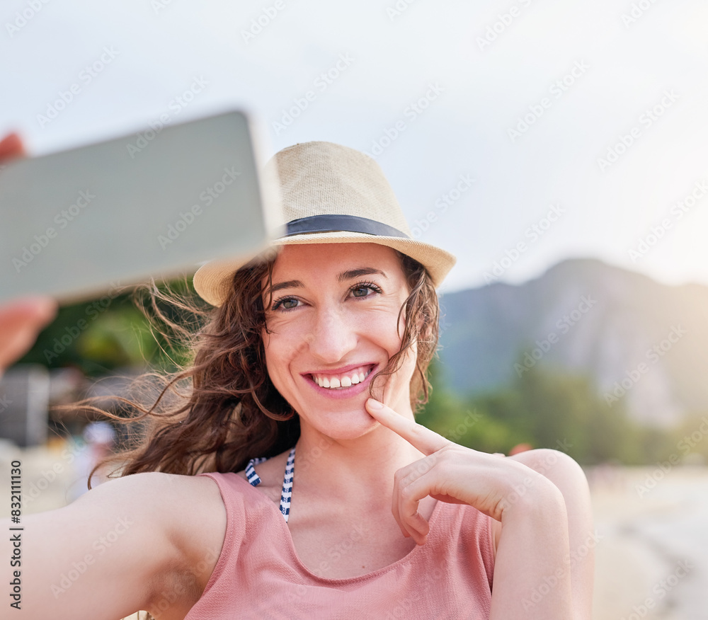 Happy woman, selfie and beach for summer, holiday and vacation on ...