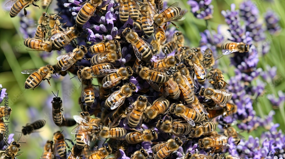 Honey bees swarm around flowering lavender bush. Honey, bees in the ...