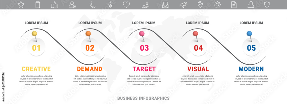 Vector timeline infographics template with 5 circles and options ...