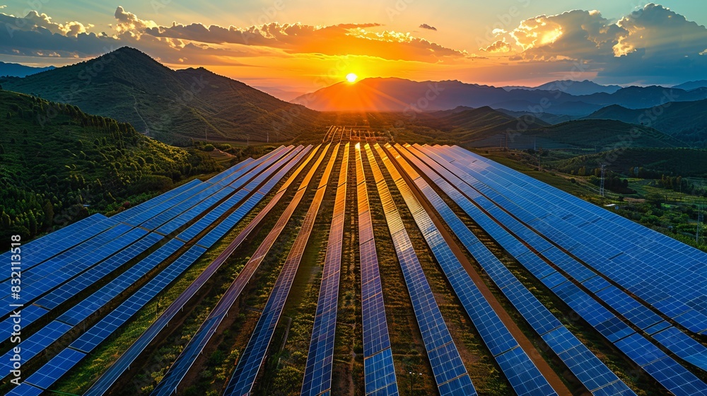 Aerial view of a typical factory building roof with rows of solar ...
