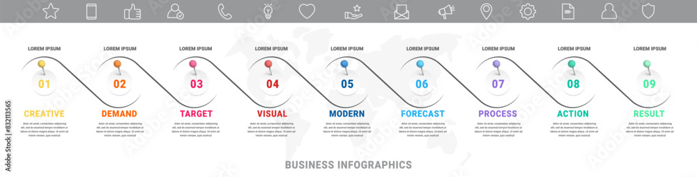 Vector timeline infographics template with nine circles and options ...