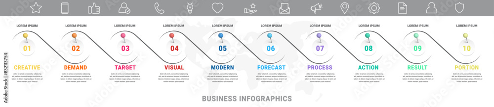 Vector timeline infographics template with ten circles and options ...
