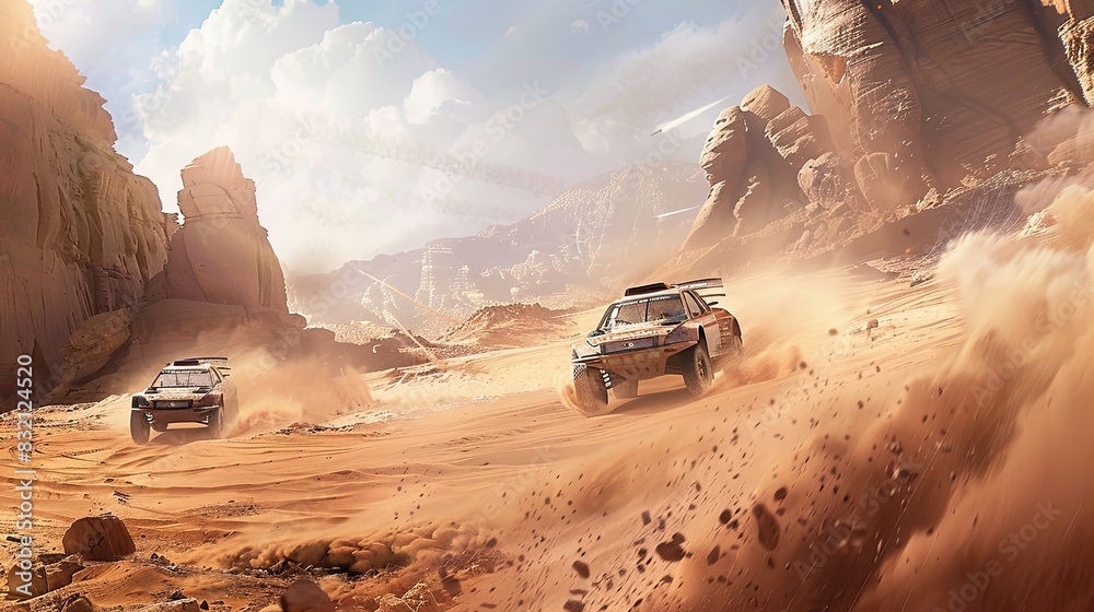 Rally cars kick up dust on a rough desert track. Mexico, desert, high ...