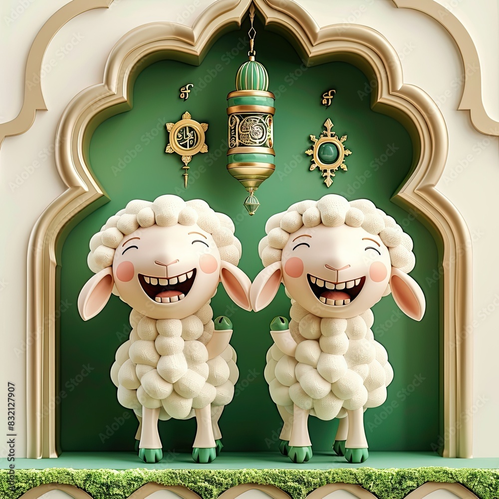 Two Cartoon Sheep Smiling Standing With White Teeth And Green Islamic ...
