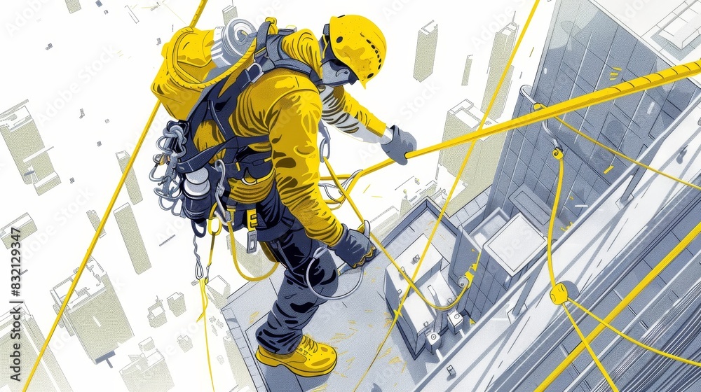 Person engaged in industrial rope access work on the side of a high ...