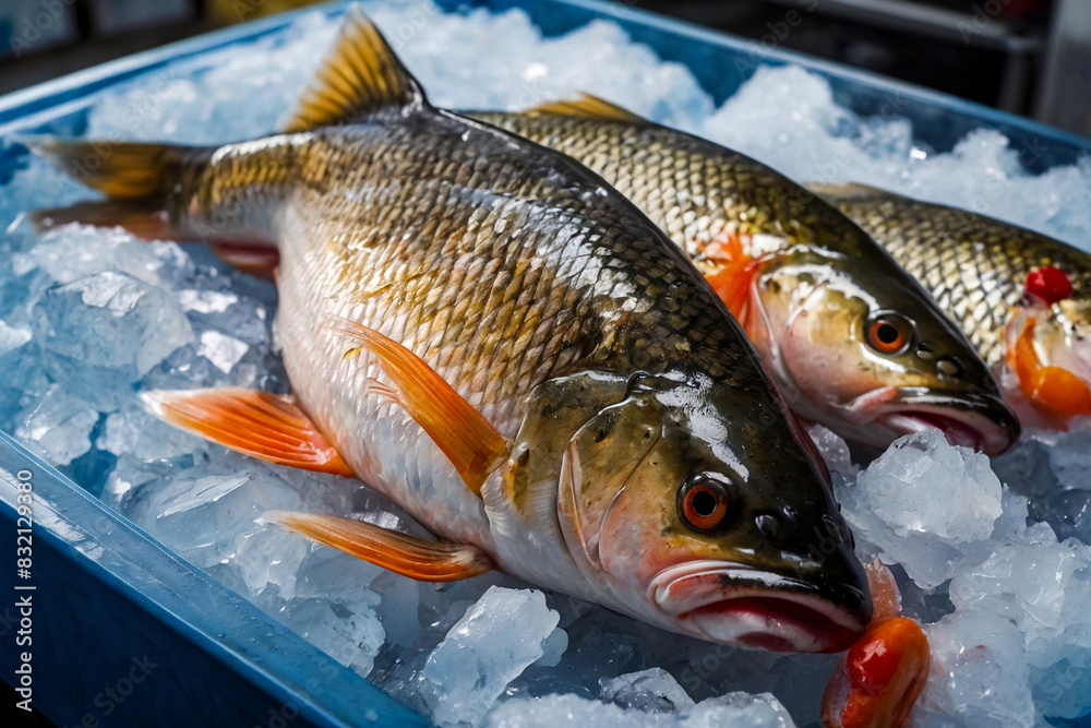 Fresh frozen carp on store counter in hypermarket. Concept of retail ...