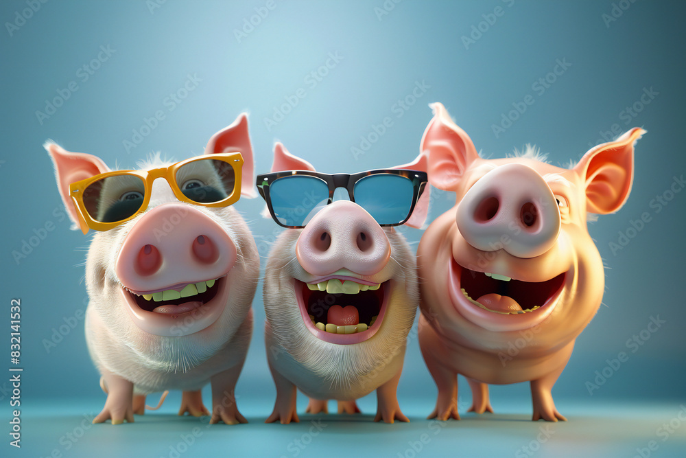 Three animated pigs wearing sunglasses, laughing and posing together ...