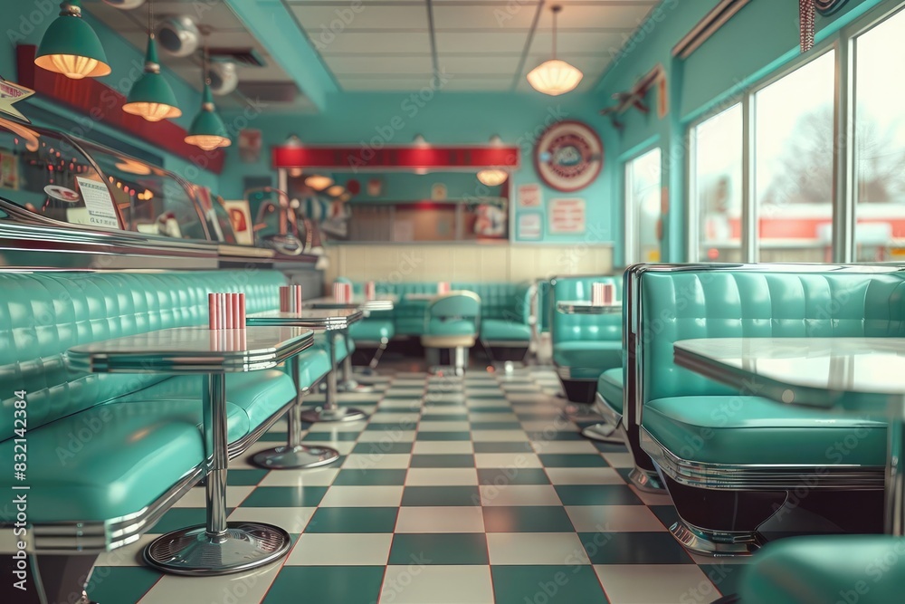 Retro 1950s diner interior with turquoise booths and checkered floor ...