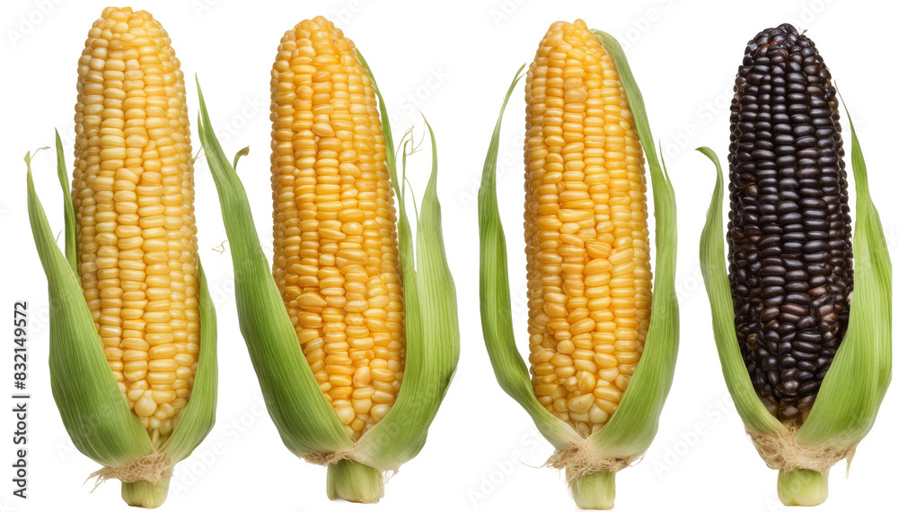 Ripe yellow and dark corn varieties on display, showcasing their husked ...