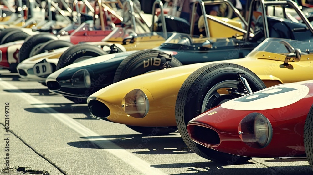 Row of sleek retro racing cars is lined up on eve, intense competition ...