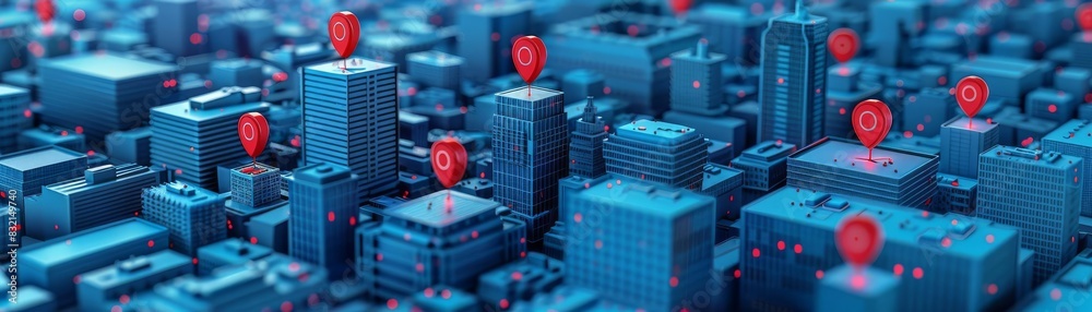 3D stylized map with bold red location pins dominating a sea of blue ...