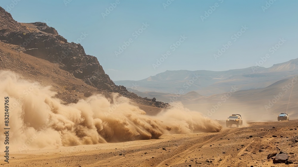 Rally cars kick up dust on a rough desert track. Mexico, desert, high ...