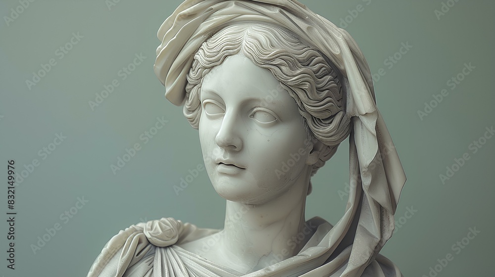 Marble statue of a beautiful Ancient Greek woman posing in front of a ...