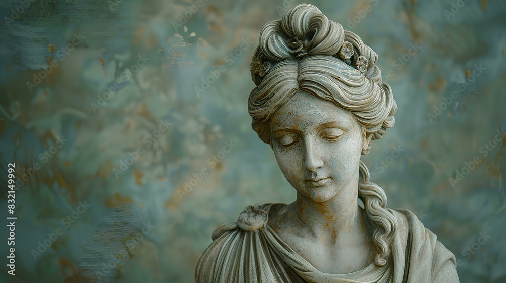 Marble statue of a beautiful Ancient Greek woman posing in front of a ...
