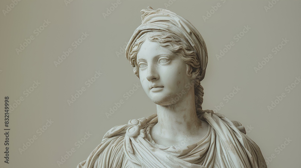 Marble statue of a beautiful Ancient Greek woman posing in front of a ...