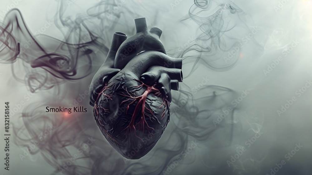 An image of a human heart with smoke swirling around it, turning parts ...