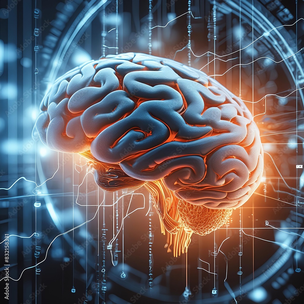 Generated image of a human brain with electrical neural activity ...