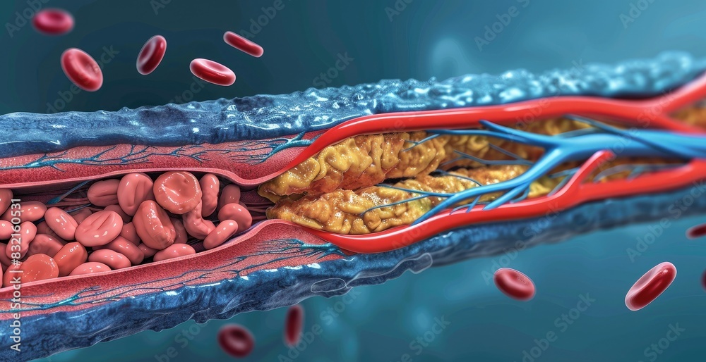 3D illustration of artery with blood cells and plaque, depicting ...