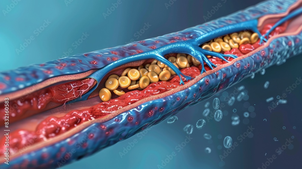 3D medical illustration of a clogged artery caused by cholesterol ...