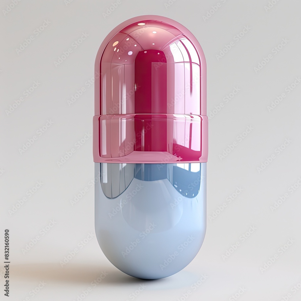 3D render of a single, glossy pink and blue capsule pill on a clean ...