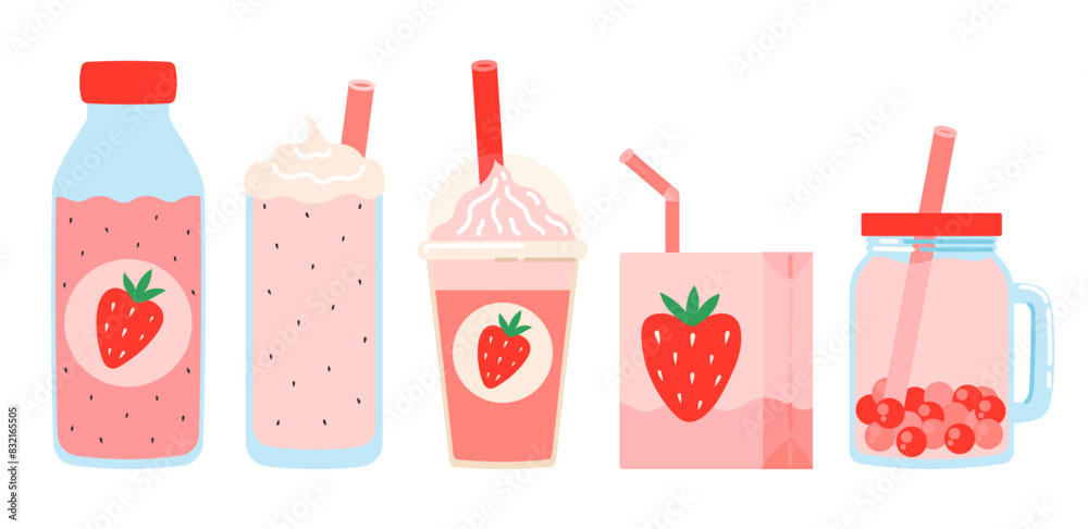 Strawberry drink set. Summer refreshing drinks, juice, milkshake ...