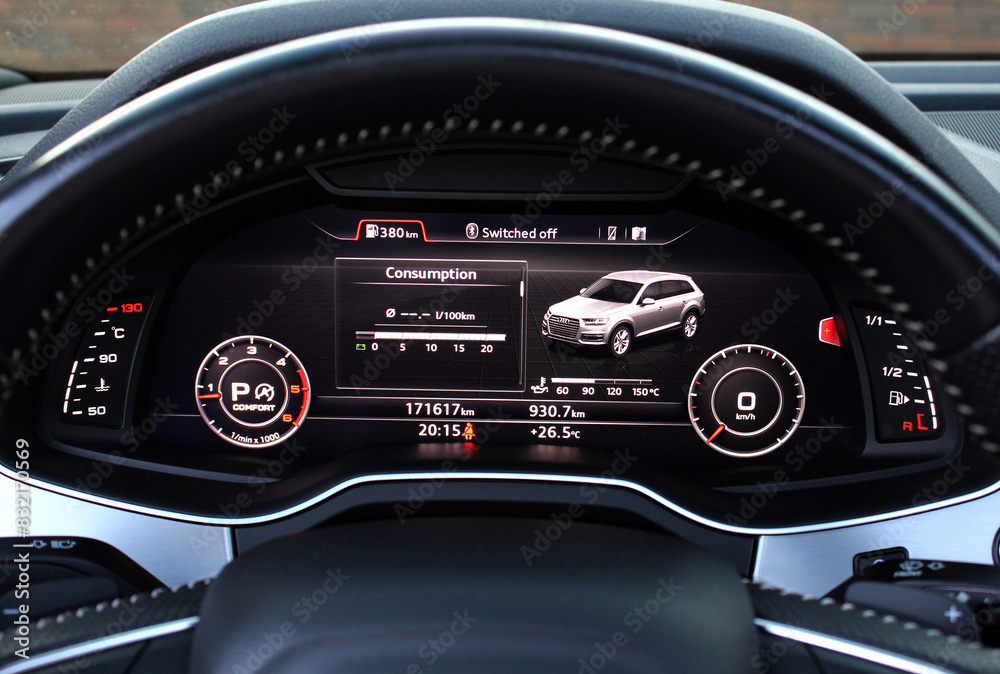 Vinnytsia, Ukraine; May 23, 2024. Audi Q7 S-Line 2016 Fuel consumption ...