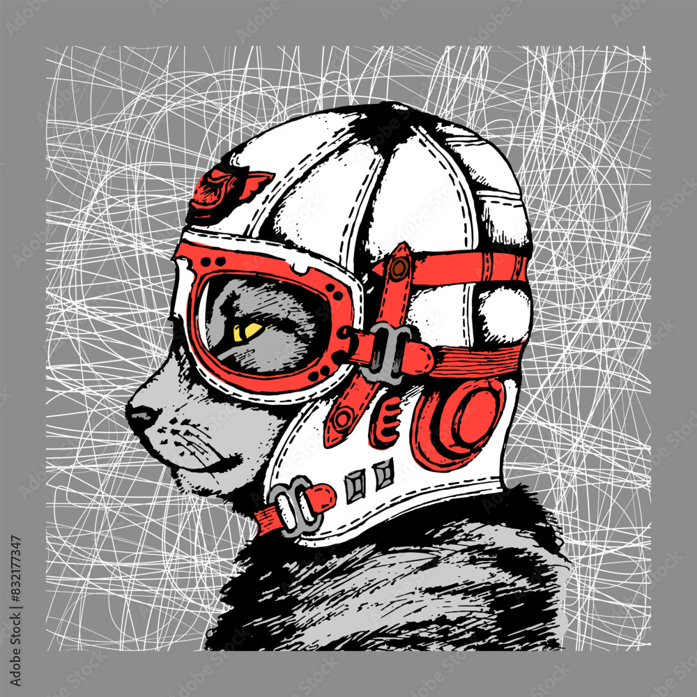 Cat pilot in a flying helmet on a hatched background. Sketch, graphics ...