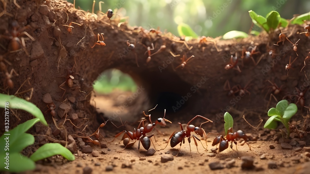 Describe a bustling ant colony, focusing on the organization, the roles of different ants, and ...