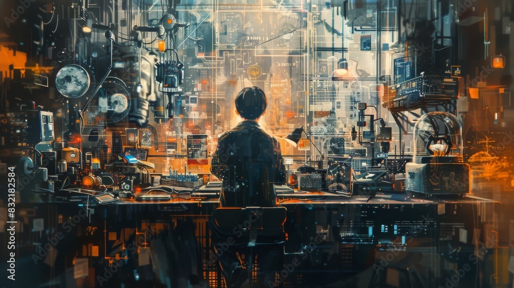 Person working at a cluttered, high-tech workstation surrounded by ...