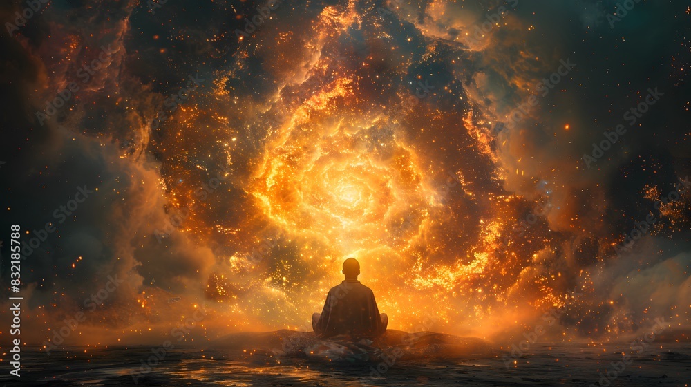 Night Sky Fire: Silhouette of a man meditating by the sea at sunset ...