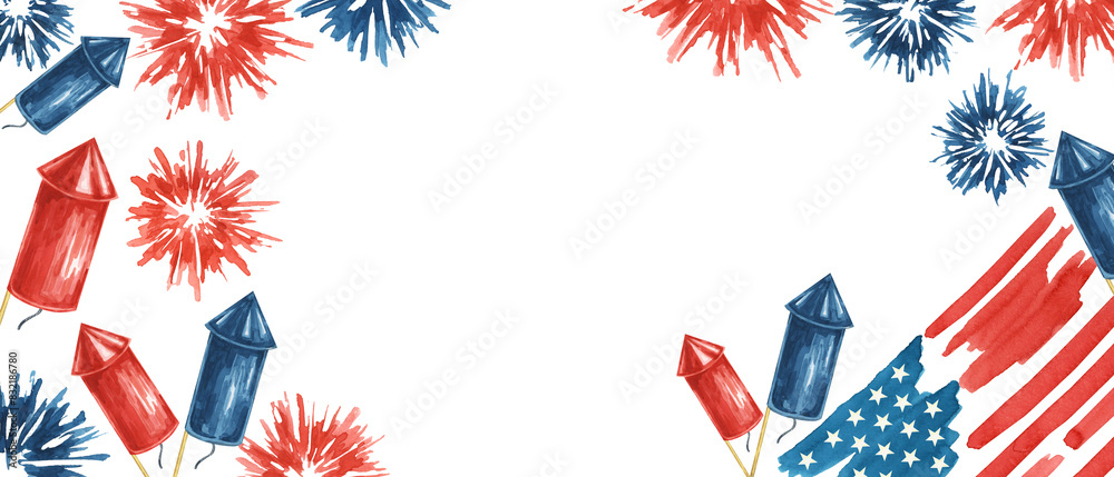 Fourth of July banner. USA flag, firecrackers and fireworks bursts ...