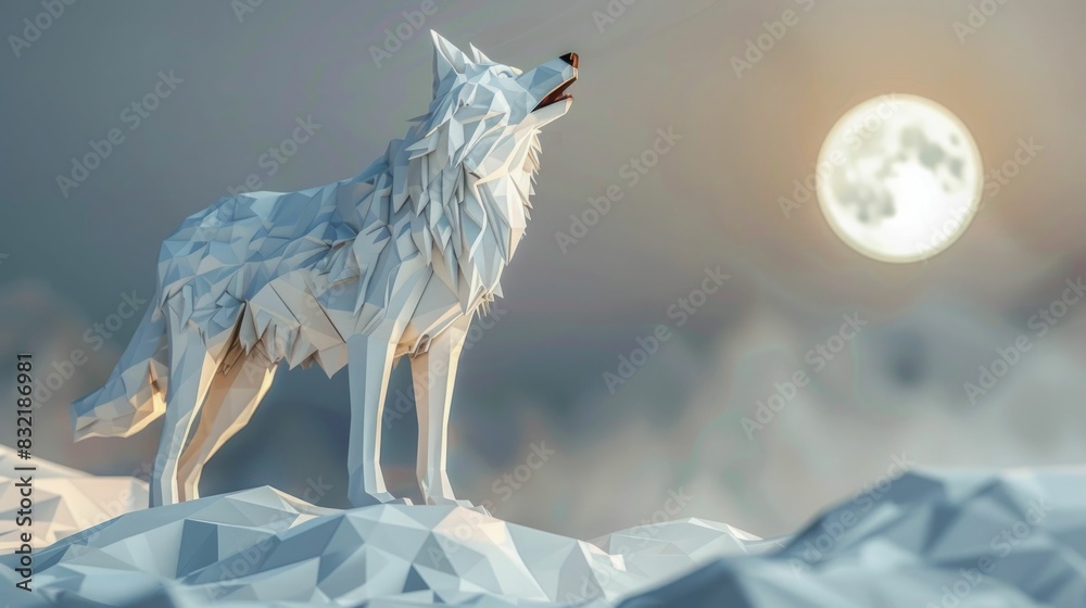 Geometric low poly wolf model howling beneath a mystical low poly moon ...