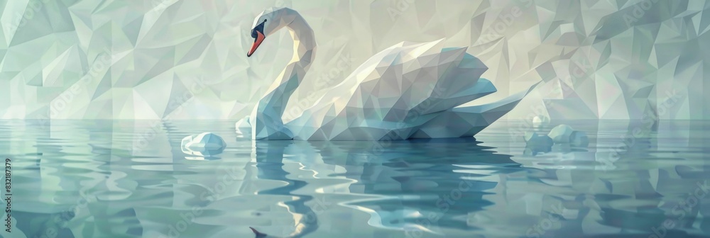 Graceful geometric swan art with a serene reflection in polygonal water ...